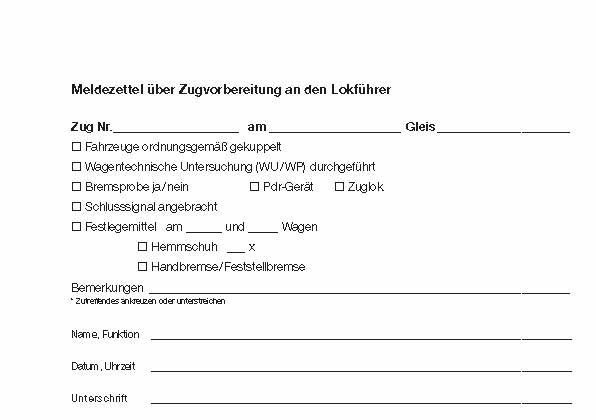 Meldezettel über Zugvorbereitung an den Lokführer – Druckerei Willeken